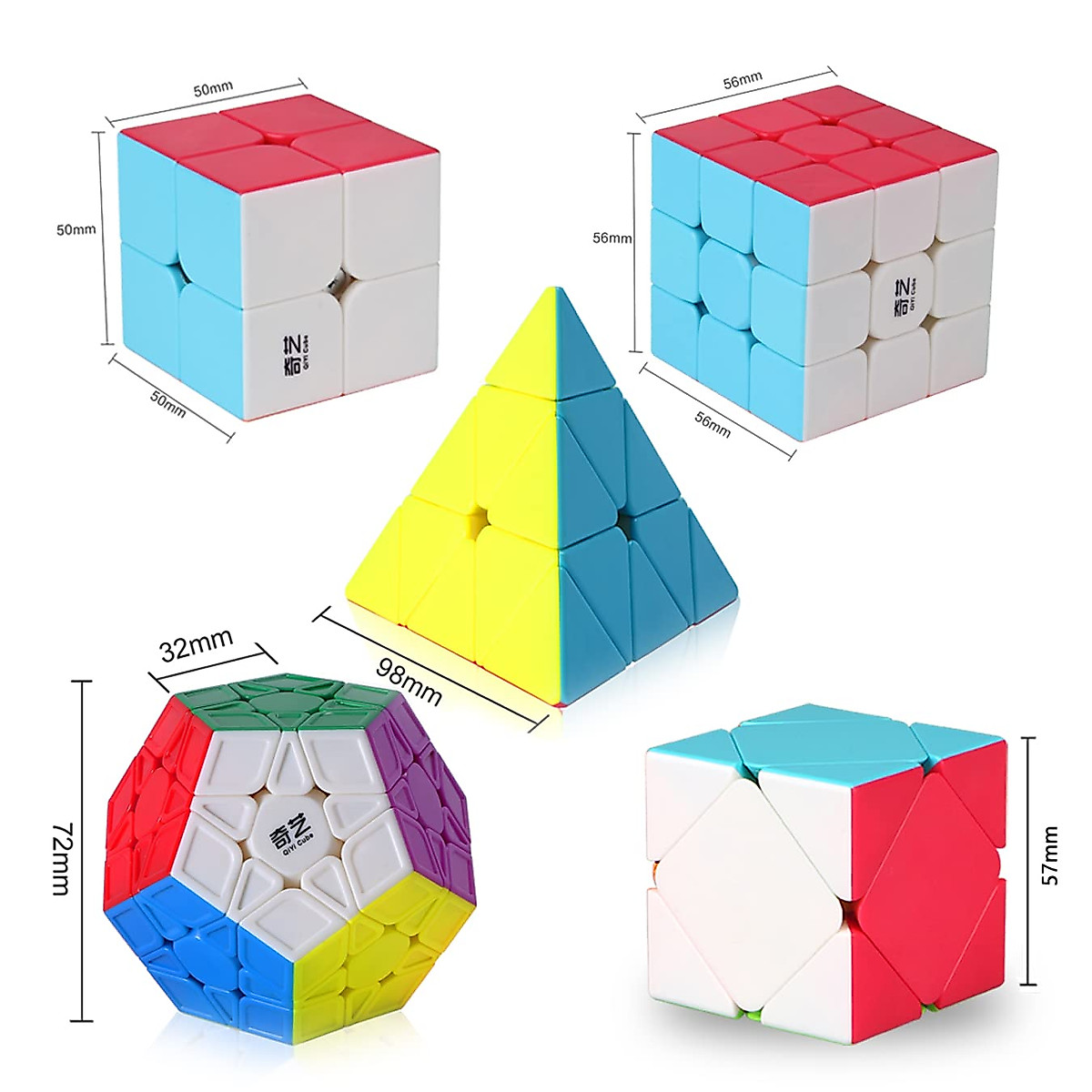 Roxenda Speed Cube Set, [5 Pack] Magic Cube Bundle of 2x2 3x3 Skew Megaminx Cube and Pyramid Cube Smoothly Stickerless Speed Cubes Collection for Kids Teens & Adults