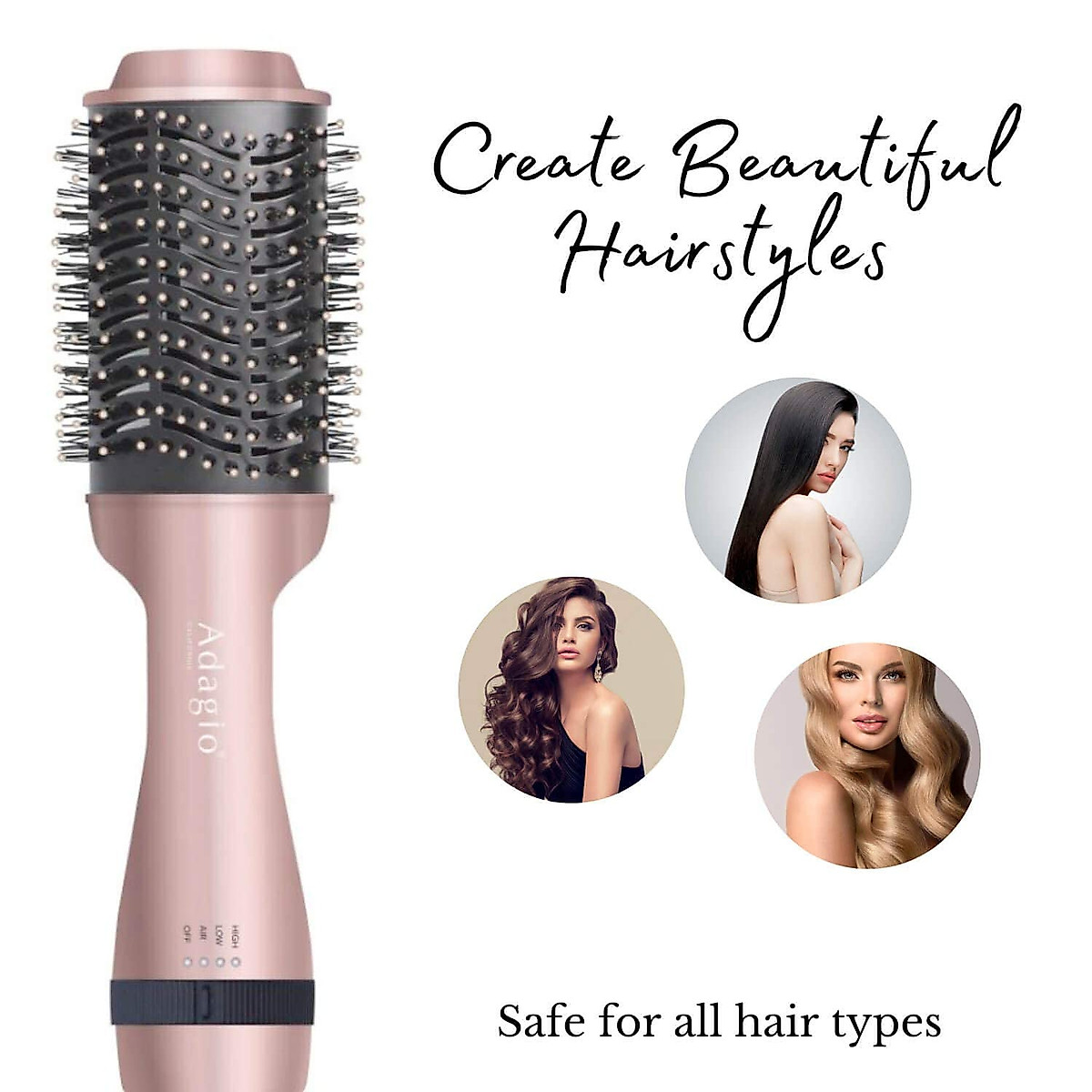 Adagio California Blowout Brush: 2-in-1 Hot Air Brush Styler and Dryer - Negative Ion Round Brush - Hair Dryer Brush with Straightener Function - Hair Styling Tools for Women… (3-inch, Rose Gold)