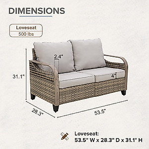 COOS BAY Wicker Outdoor Furniture Loveseat Sofa, Small Balcony Furniture Outdoor Loveseat 2 Seat Couch w/Cushions for Patio Backyard Deck Porch, Brown/Gray