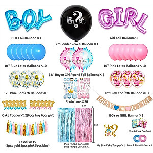 Gender Reveal Party Supplies,105 Pcs Gender Reveal Decorations, Boy or Girl Foil Balloons, Tablecloth, Photo Props, Toppers, Banner, Foil Curtains, Team Stickers, Ideas for Baby Shower