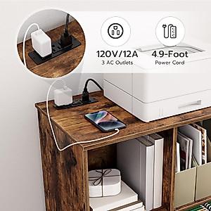 HOOBRO Wooden File Cabinet, Filing Cabinet with Charging Station, Mobile Lateral Home Office Cabinet, Rolling Printer Stand with 3 Open Compartments and Drawer, A4, Letter Size, Rustic Brown FG22UWJ01