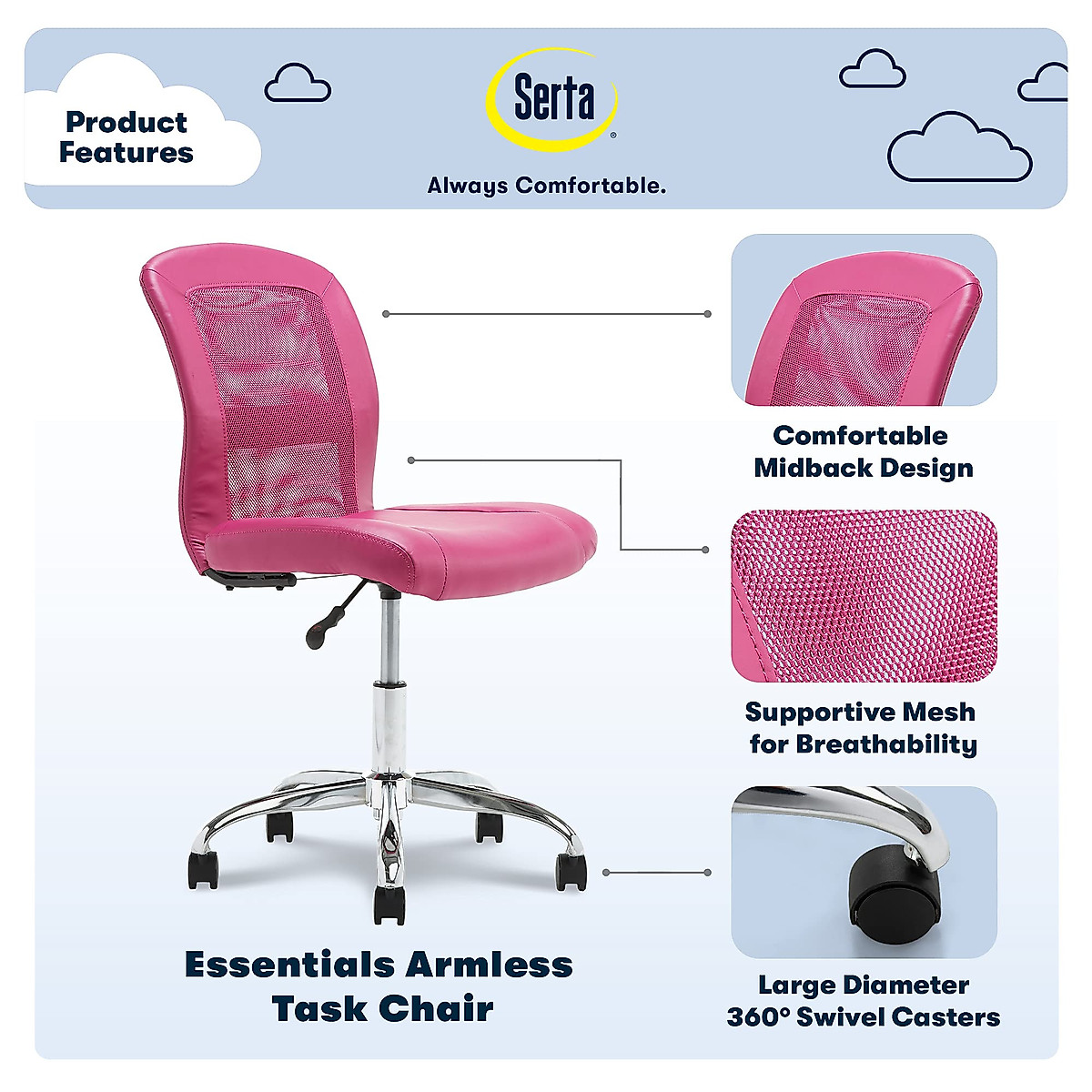 Serta Essential Armless Desk Chair Small TaskChair with Wheels, Breathable Mesh Back, SertaQuality Foam Cushion Seat for Comfort, Functional, Lightweight and Versatile, Task, Pink