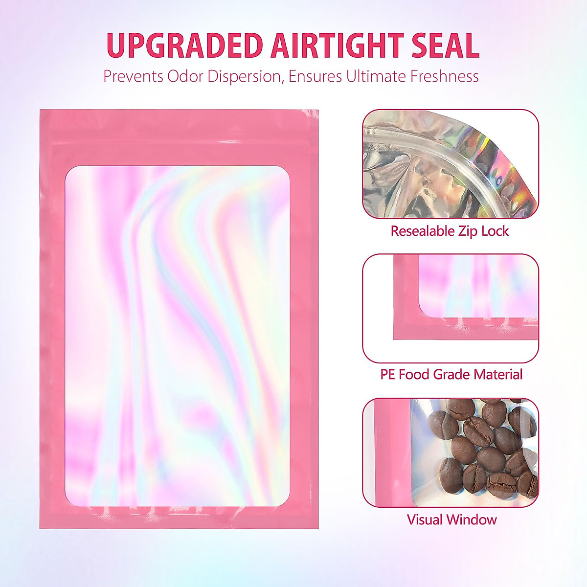100PCS Smell Proof Mylar Bags Holographic Packaging Pouch Bag with Clear Window,3x4inch Resealable Ziplock Foil Pouch Bags for Food Storage, Candy, Jewelry, Electronics Storage (Pink)