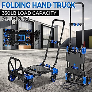 Hitgrand Folding Hand Truck, Heavy Duty Hand Truck Dolly Cart, Convertible Dolly Cart 330lbs Capacity W/Telescoping Handle, 2 in 1 Luggage Trolley Cart for Warehouse Home Outdoor Moving