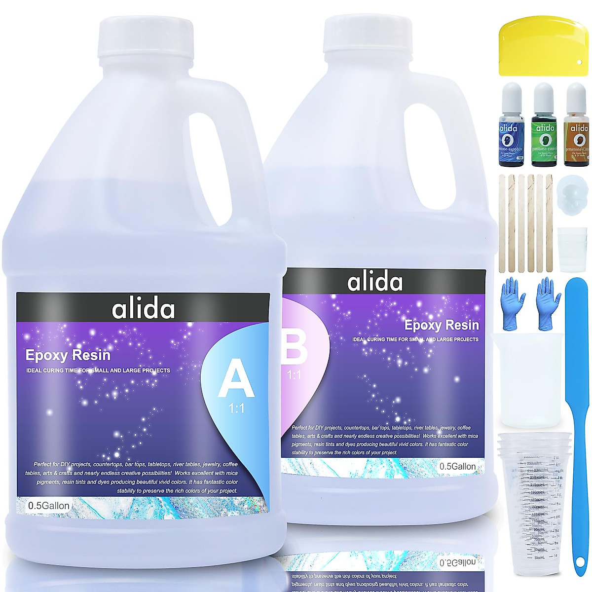 alida 1 Gallon Crystal Clear Epoxy Resin, Resin Epoxy Table Top, No Yellowing & No Bubbles, Self Leveling 1:1 Mix for DIY Jewelry, Tumbler, Art Casting Resin Epoxy Resin Kit