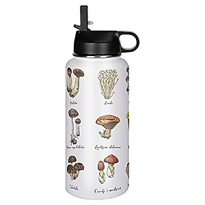 Mushroom Stainless Steel Sports Water Bottle with Straw Lid Travel Thermo Mug Gifts for Friends white 32oz