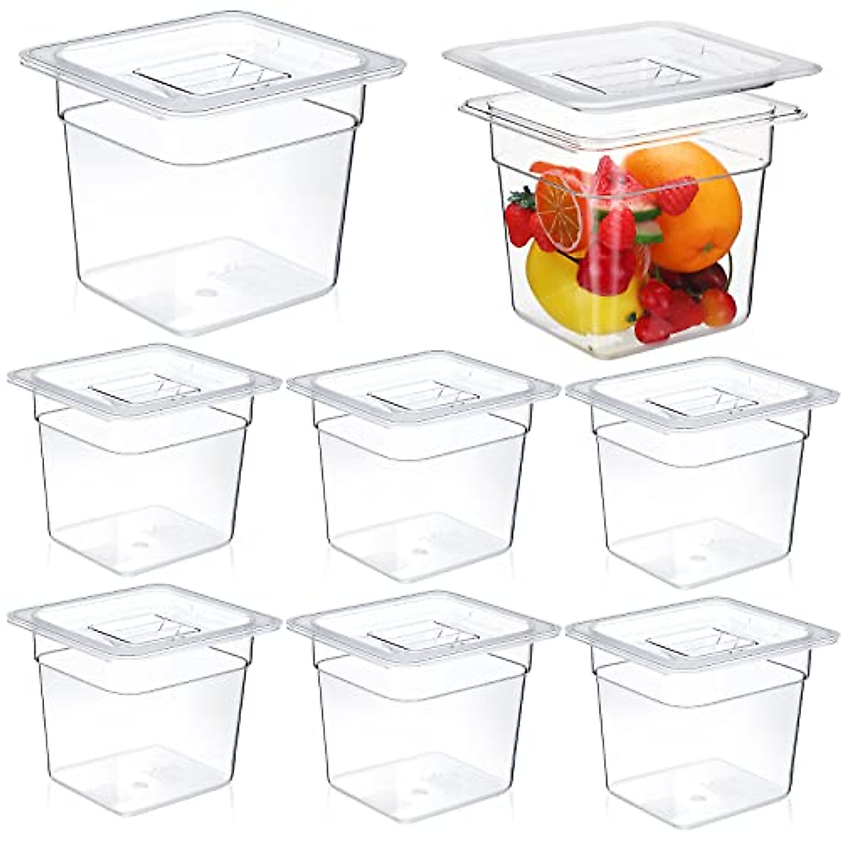 Sieral Pack of 8 Clear 1/6 Size, 6'' Deep Food Pan Acrylic Square Food Storage Containers with Lids for Kitchen Restaurant Food Prep, 2 Quart