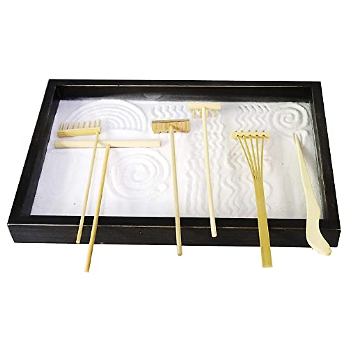 Cayway 7 PCS Garden Rake Kit, Garden Zen Rake Tools Sand Garden Kits Bamboo Rakes Tool Bamboo Rakes Holder with Moss Rakes Brusher Spoon for Man Women