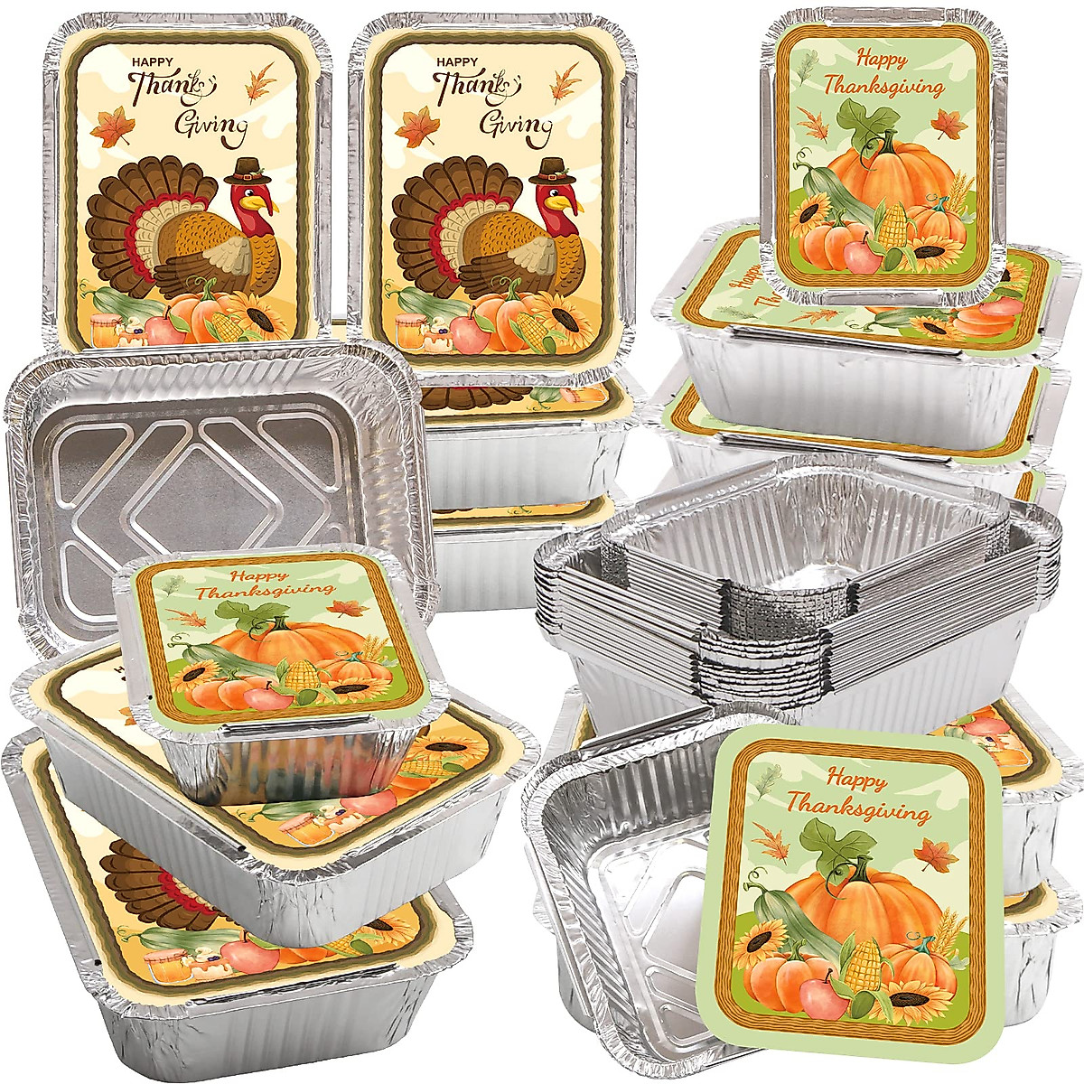 WorldBazaar Thanksgiving Aluminum Food Containers with Lids 24PCS Thanksgiving Leftover Containers with Lids 2 Size Disposable Turkey Aluminum Containers Thanksgiving Party Supplies
