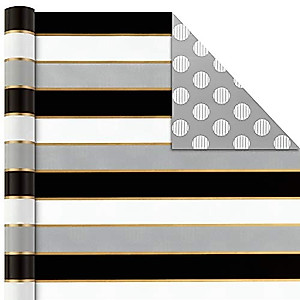 Hallmark Reversible Wrapping Paper Bundle with Ribbon & Gift Tag Stickers - Black, Gold Stripes, Plaid (3 Pack, 120 sq. ft. ttl, 30 Yds. Mini Ribbon, 36 Labels) for Graduations, Weddings, Christmas