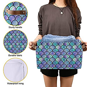 xigua Rainbow Scales Mermaid Storage Basket Collapsible Toy Storage Bins Waterproof Canvas Storage Basket with Leather Handles for Home Closets Offices,Bedrooms,Kids Toy and Gift Baskets,2PCS