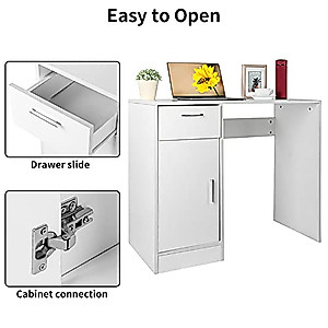 TOPINCN Computer Desk, 1 Drawer 1 Door Compact Computer PC Laptop Desk Home Laptop Notebook Computer Desk Modern Simple Style Office Desks Workstations Gaming Desk for Home Office Bedroom(White)