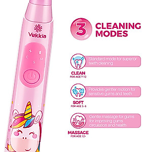Vekkia Sonic Rechargeable Kids Electric Toothbrush, 3 Modes with Memory, Fun & Easy Cleaning, 24000 Strokes, IPX7 Waterproof, 2-Min Timer for Age 5+, 4 Soft Bristles(Pink)