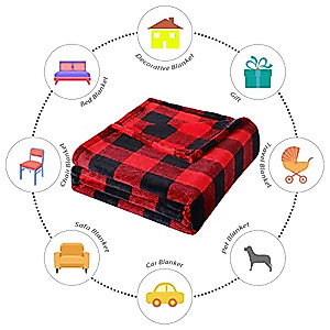 Fomoom Buffalo Plaid Blanket, Buffalo Blanket for Couch Bed Sofa Chair, Soft Cozy Flannel Red Black Check Pattern Decorative Blanket, Lightweight Fuzzy Buffalo Throw Blanket