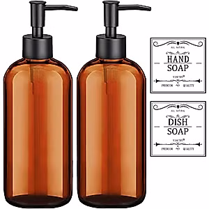 Amber Soap Dispenser with Rust Proof Pump, Waterproof Labels (2 Pack,16 Oz), Soap Dispenser Bathroom, Plastic Hand Soap Dispenser Dish Soap Dispenser for Kitchen, Premium Thick Soap Pump Bottles