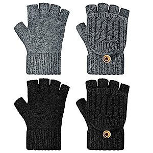 ONESING 2 Pairs Fingerless Gloves for Women Winter Fingerless Mittens with Finger Flaps Warm Convertible Mittens Stretchy Knit Womens Gloves for Cold Weather