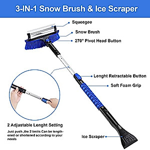TESSONO Ice Scraper for Car Windshield, Extendable Snow Brush with 270° Pivoting Brush Head,3-in-1 Car Snow Scraper and Brush with Ergonomic Foam Grip for Car Windshield, Trucks, SUVs (Blue)