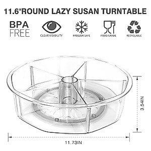 Lazy Susan Round Plastic Clear Rotating Turntable Organizer with Removable Dividers, Storage Container for Cabinet, Pantry, Kitchen, Fridge, Shelf, Vanity, Countertop 11.7"