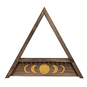 Rustix Rustic Wooden Hanging Jewelry Wall Organizer Triangle Shelf with Moon Phases and Small Hooks for Earring, Necklace, Crystal Display, and Small Decor