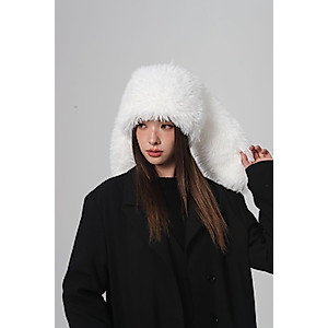 Plush Hat for Women Fuzzy Cute Beanie Solid Color Rabbit Bunny Ears Hat Y2K Winter Cold Weather Christmas Halloween (White)