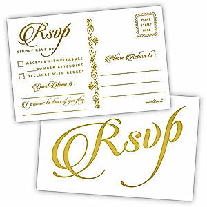 PARTH iMPEX RSVP Postcards for Wedding - (Pack of 50) Gold Foil Stamping with Mailing Side 4"x6" Response Cards All Occasion Mailable - White