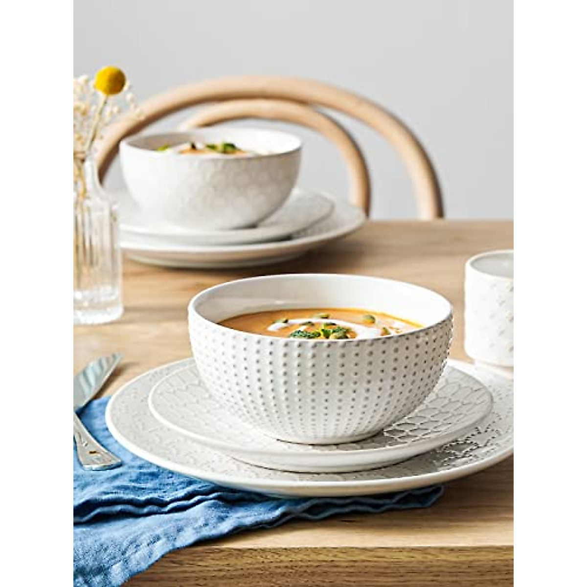 LE TAUCI Dinnerware Sets 12 Piece, Ceramic Plates and Bowls Set, House Warming Wedding Gift, Serve for 4 (10" Dinner Plates + 8" Salad Dish + 22 oz Cereal Bowl) x 4, Dishwasher safe - Arctic White