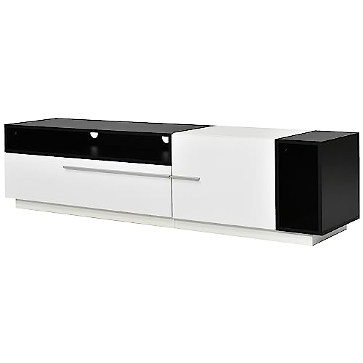 Polibi Modern TV Stand with Wooden Shelves and Silver Handle, High Gloss Media Console Table with Large Drawer and Storage Cabinet, Living Room Entertainment Center for TVs up to 70", White