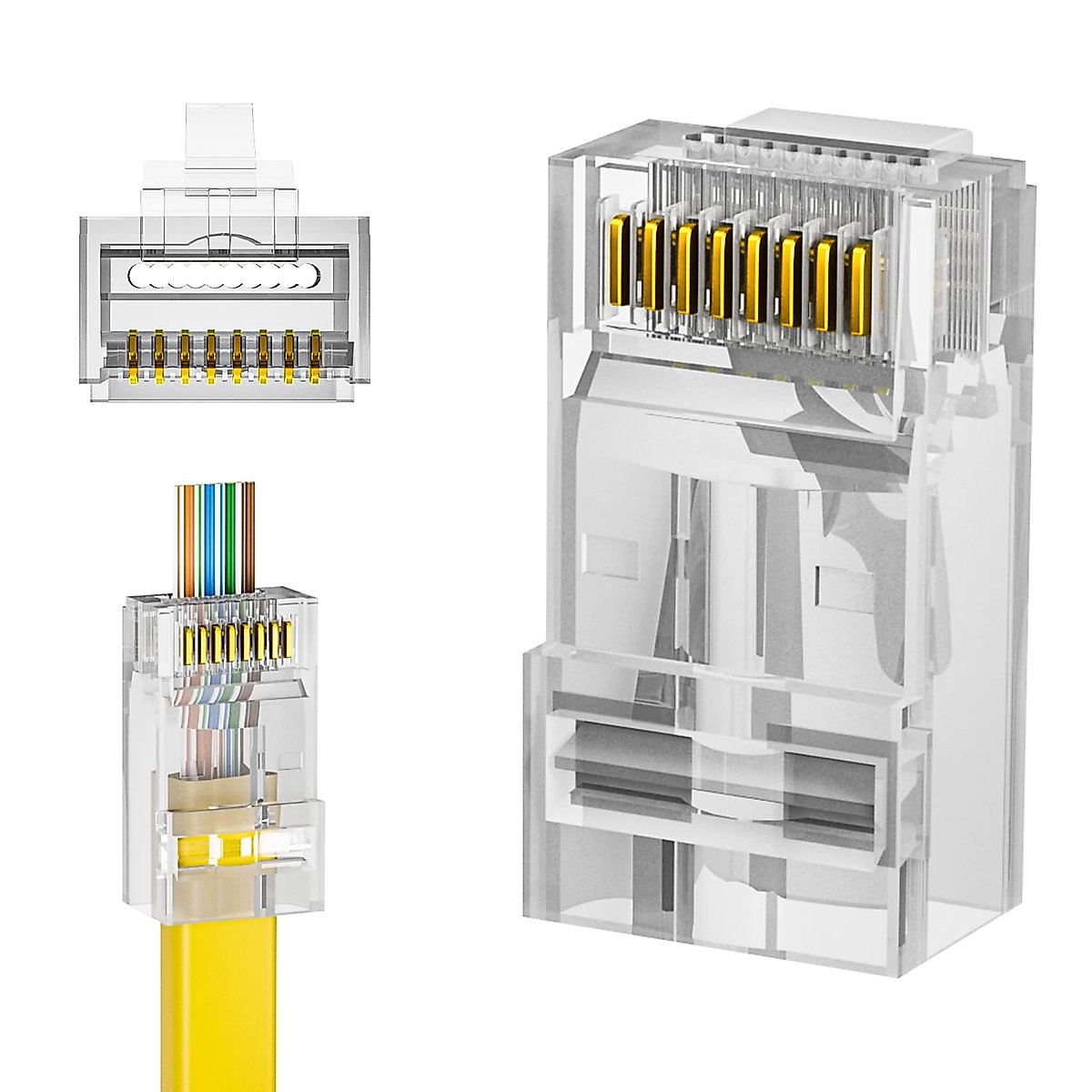 iwillink 100-Pack RJ45 Cat6 Pass-Through Connectors, Gold-Plated Ethernet Crimp Plugs for Solid and Stranded Wire, UTP Network Cable Termination