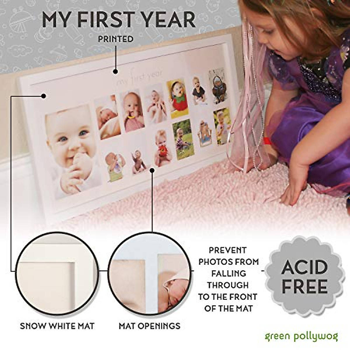 Green Pollywog | Baby's First Year Frame | Collage Frame For Baby In White | 12 Month Picture Frame | Milestone Photo Frame | First Year Picture Mat | Baby Picture Frame | My First Year Picture Frame