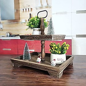 CRAZYMOTO 2 Tier Wooden Rustic Retro Tiered Tray Farmhouse Tiered Tray Stand - Wood Tiered Tray Decor Holder for Rectangle Wooden Platter for Cakes, Desserts Fruits Snack Candy