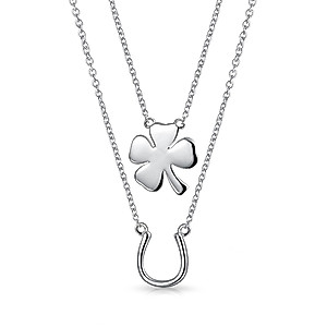 Personalized Engrave Layering Four Leaf Clover Shamrock Irish Lucky Horseshoe Pendant Necklace Western Jewelry For Women Teens .925 Sterling Silver Custom Engraved