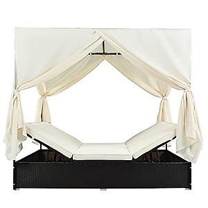 LUMISOL Outdoor Canopy Bed Patio Daybed Sunbed with Retractable Canopy, Rattan Sun Lounger Patio Loveseat Sofa Set with Curtains Garden Furniture (Beige)