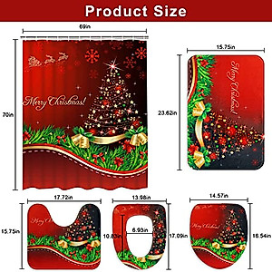 Claswcalor 5 Pcs Merry Christmas Shower Curtain Sets with Rugs, Toilet Lid Cover, Bath Mat and Toilet Seat Cover, Waterproof Xmas Christmas Tree Shower Curtains for Bathroom with 12 Hooks, Red