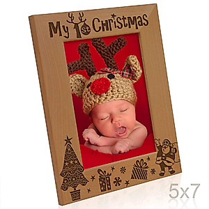 KATE POSH My 1st Christmas Picture Frame, My First, Baby's 1st Christmas, New Baby, Santa & Me Engraved Natural Wood Photo Frame (5x7-Vertical - Classic)