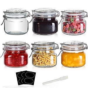 YEBODA 16oz Food Storage Canister Glass Jars with Clamp Airtight Lids and Silicone Gaskets for Multi-Purpose Kitchen Containers - Clear Square (6 Pack)