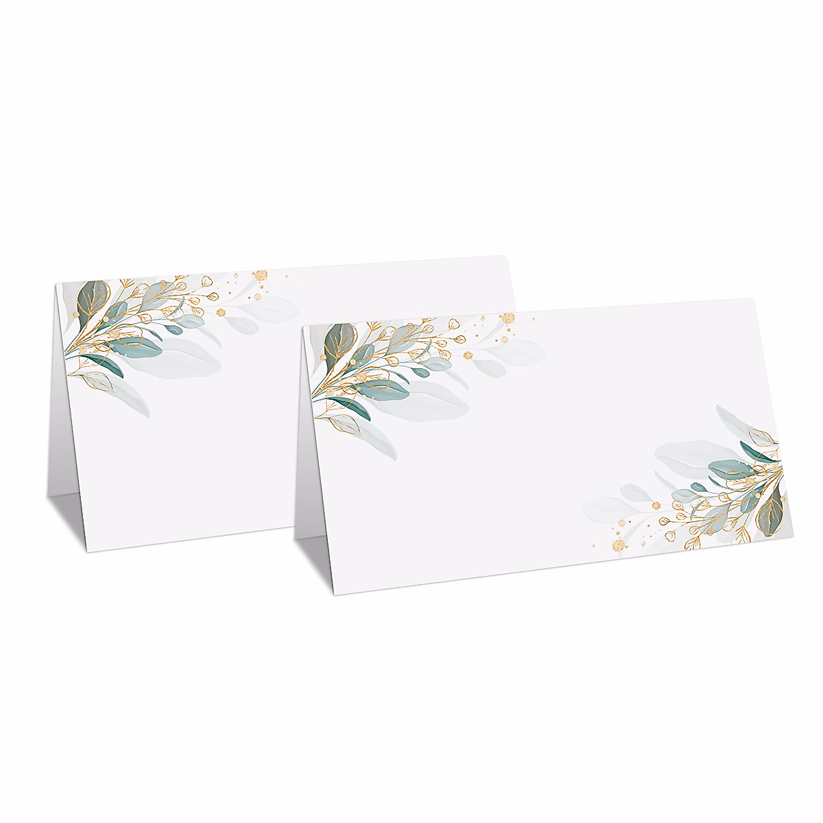 Gold Foil Greenery Table Place Card, 25 Pcs Tent Style Cards Set with Green Eucalyptus, Editable Name Cards for Table Seating, Food Lables for Birthday Party, Baby Shower, Wedding, Bridal Shower(15)