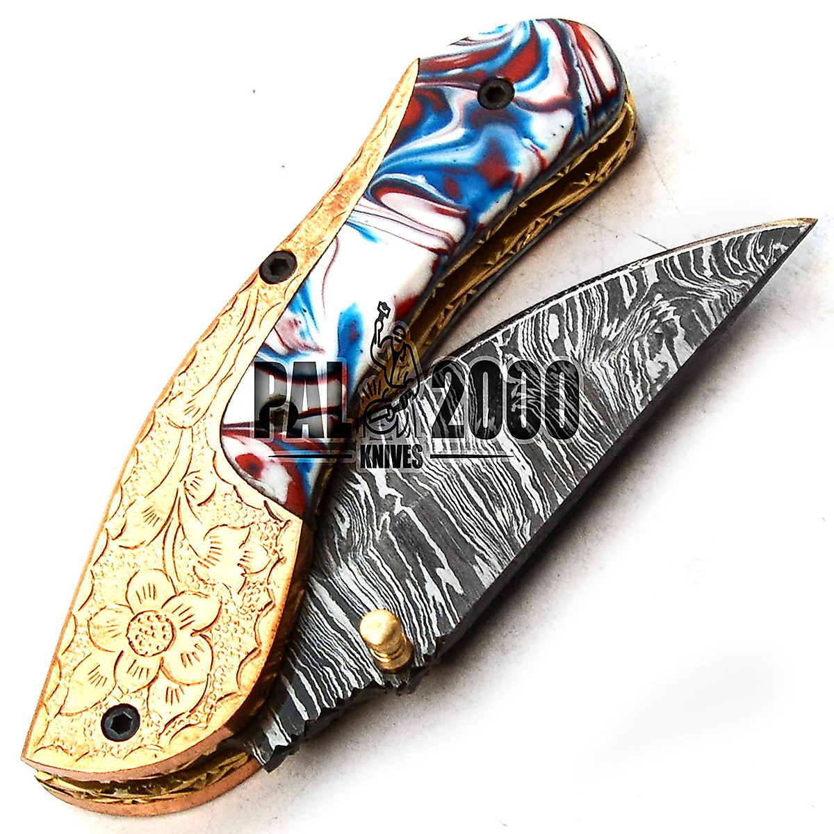 PAL 2000 HUNTING KNIVES FPK-9779 Folding Hunter Damascus Steel Pocket Knife with Sheath Handmade