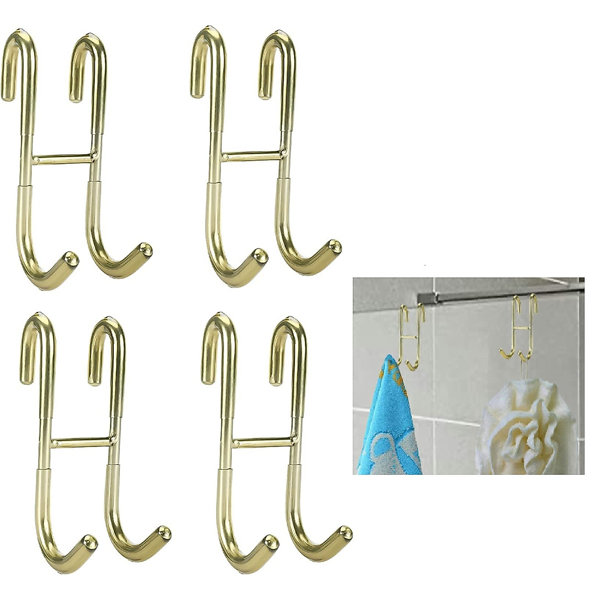 4 Pack Shower Glass Door Hook, Golden Towel Hooks for Bathroom, 304 Stainless Steel Rack Hooks Drilling-Free Hanger