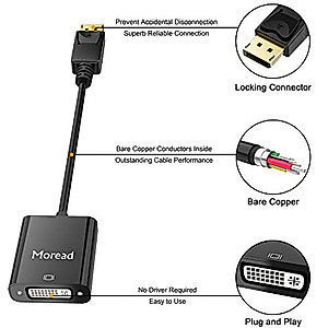 Moread DisplayPort (DP) to DVI Adapter, Gold-Plated Display Port to DVI-D Adapter (Male to Female) Compatible with Computer, Desktop, Laptop, PC, Monitor, Projector, HDTV - Black