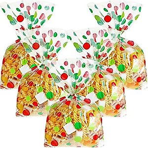 50 Counts 15 x 25 cm Flat Clear Cellophane Treat Bags Block Bottom Pumpkin Halloween Patterned Storage Bags Sweet Bags With 300 Pieces Twist Ties For Halloween Christmas Party Favor (Red Green Dot)