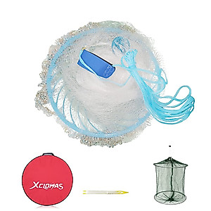 XCLOHAS Korean Fishing Cast Net with Ring Easy Throw Wide Open Casting Net for Bait Fishes 7/8/9/10/12ft Radius Freshwater Fishing Accessories (Chain Sinker Mono Nylon Line, 9ft Radius)