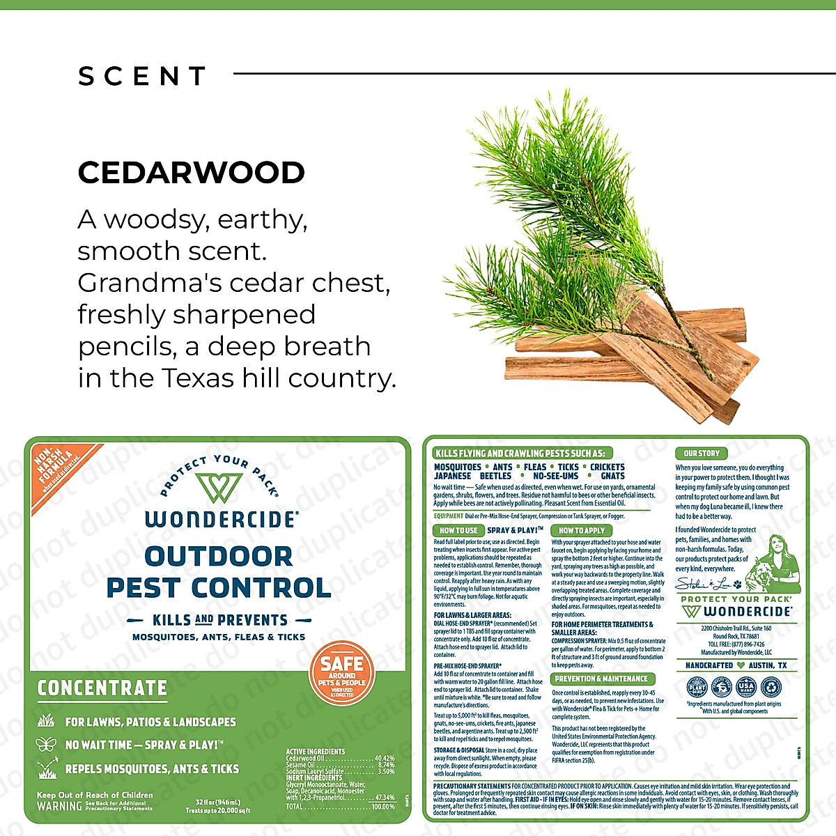 Wondercide - Outdoor Pest Control Spray Concentrate with Natural Essential Oils - Mosquito, Ant, Roach, and Insect Killer, Treatment, and Repellent - Safe Around Pets, Plants, Kids - 32 oz