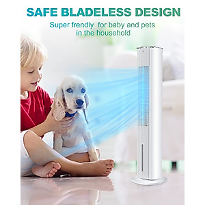 Evaporative Air Cooler Portable Cooling Fan, Cool with 3 Speeds, 12H Timer Evaporative Cooler, Bladeless Fan Ice Boxes Contained, Remote Control Tower Fan for Large Room Office