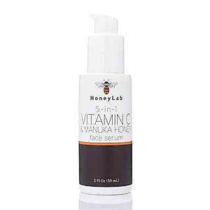 HoneyLab Vitamin C Face Serum with Hyaluronic Acid, Manuka Honey and peptides. Anti-aging serum contains Marine extracts that soften the look of dark spots, wrinkles and fine lines. 2oz bottle.