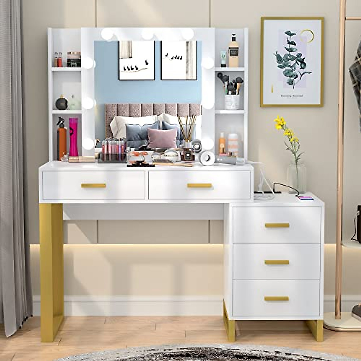 PAKASEPT Vanity Makeup Desk with Lights and Charging Station, Dressing Table Vanity Desk with Mirror and Lights,Storage Shelves, Drawers for Bedroom,White