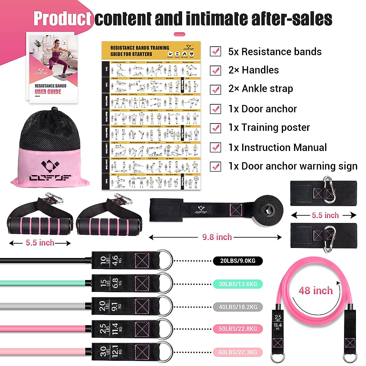 Resistance Bands with Handles for Women, 5 Level Exercise Bands Workout Bands for Physical Therapy, Yoga, Pilates, Door Anchor, Storage Pouch(colour)