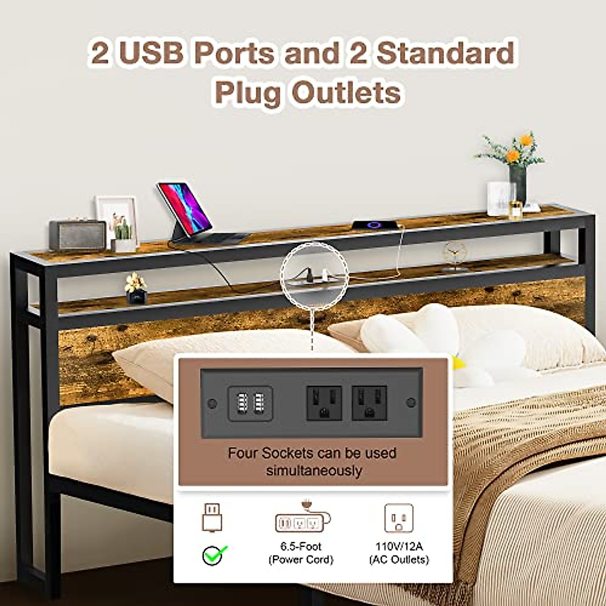 Codesfir Full Size Bed Frame Industrial Platform Bed with Charging Station 2-Tier Storage Headboard and Strong Support Legs, Noise-Free, No Box Spring Needed, Vintage Brown