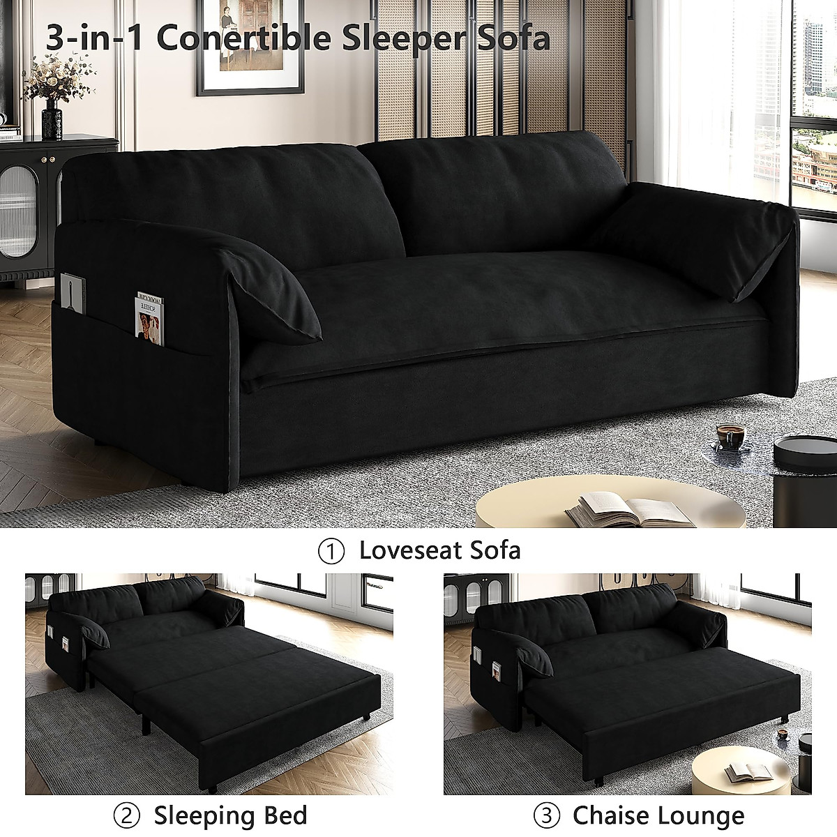 GNIXUU 63.8" Queen Pull Out Sofa Bed, Velvet Convertible Sleeper Sofa Couch with Side Storage, Comfy Loveseat Bed Pull Out Couch for Living Room, Apartment, Small Space(Black)