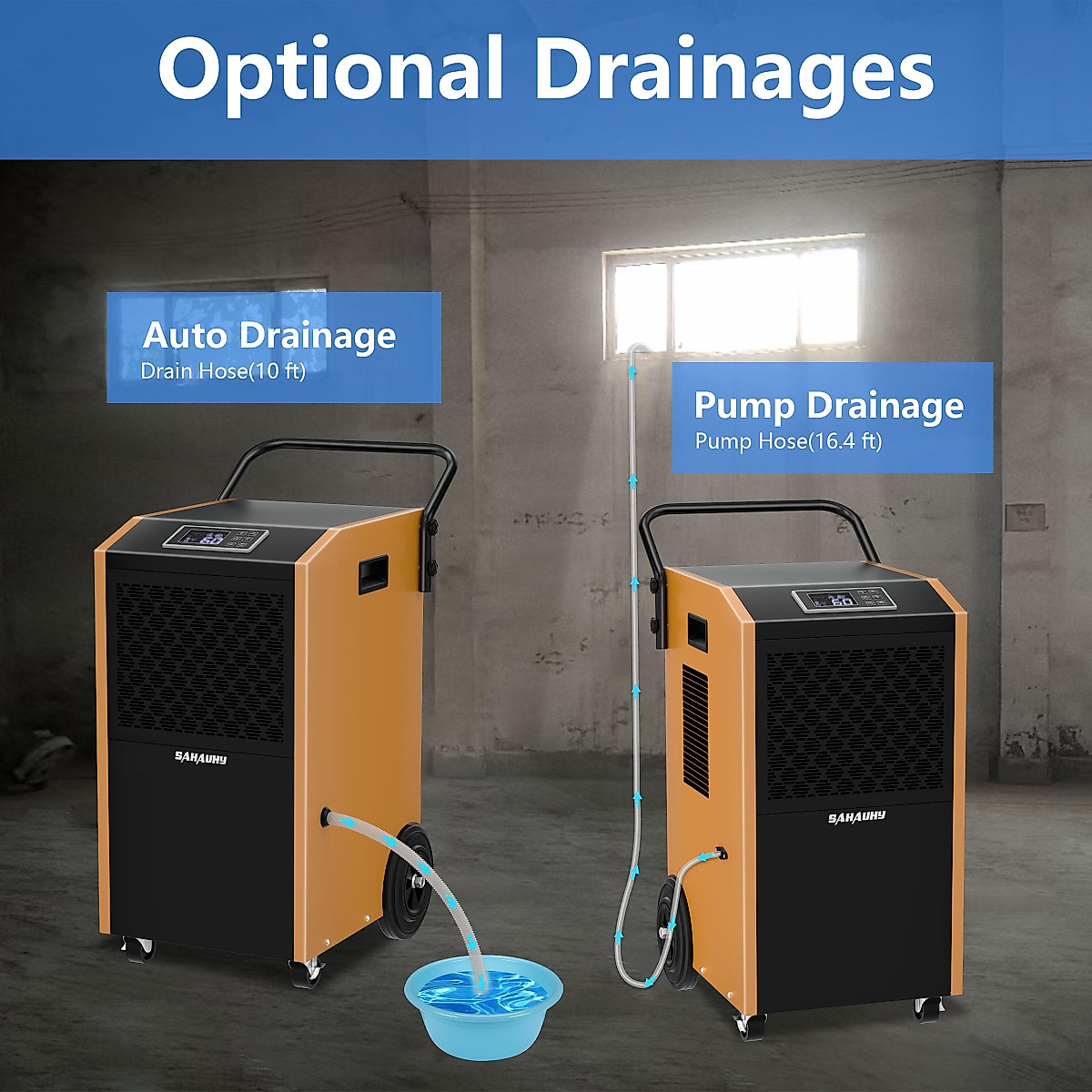 SAHAUHY 168 Pints Commercial Dehumidifier with Pump and Drain Hose for Basements Crawlspace Home and Large Spaces up to 7,200 Sq Ft,5 Years Warranty