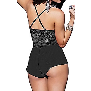 Women Lingerie Sheer Lace Mini Babydoll Teddy Sexy Bodysuit Backless Sleepwear (XXXL, Black)